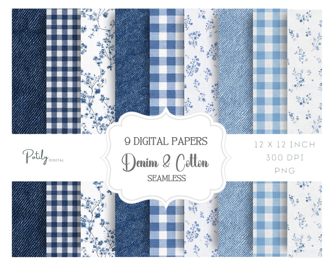Blue Denim Seamless Digital Paper Set, Blue and White Printable ...