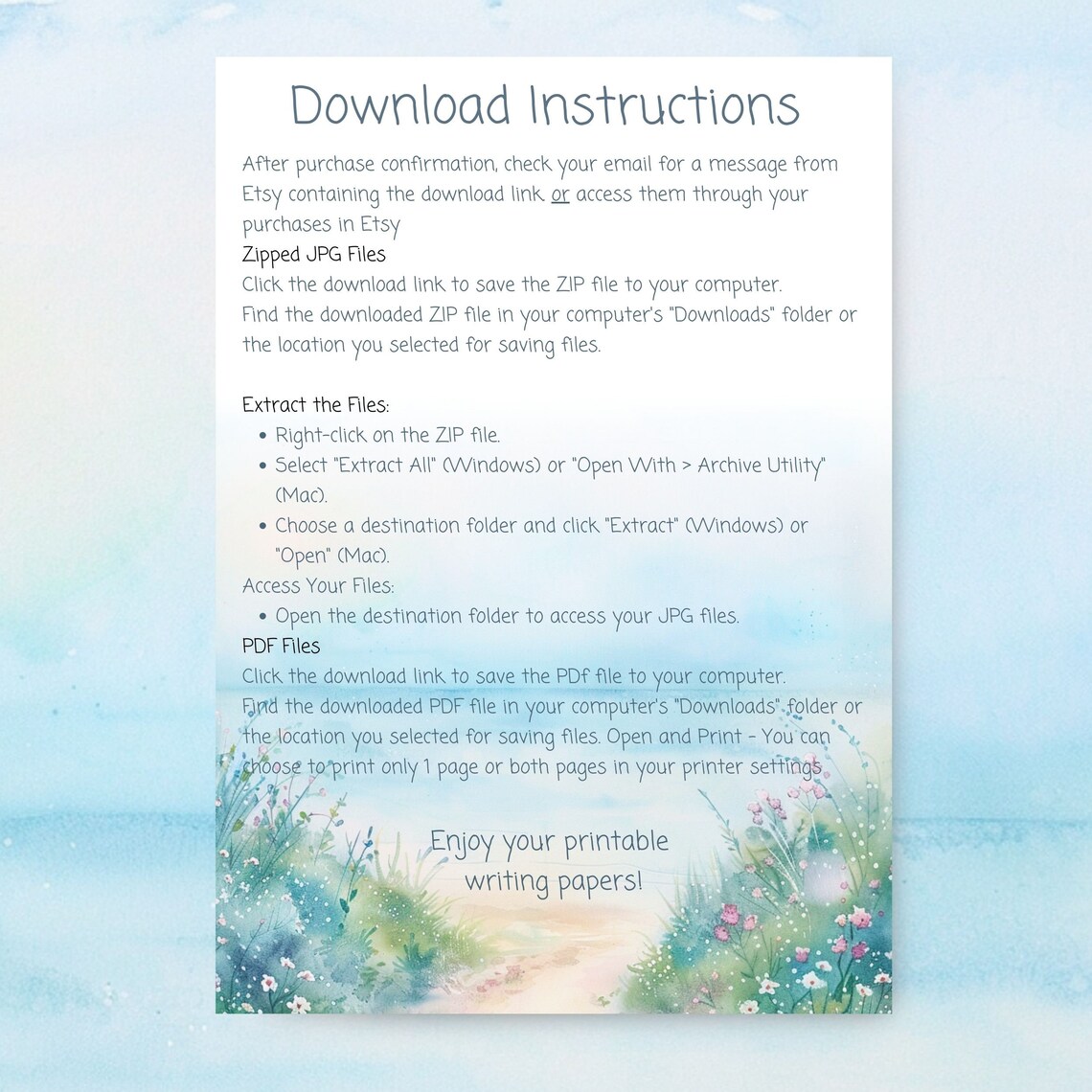 Printable Letter Paper, Beach and Wildflowers, Printable Stationery ...