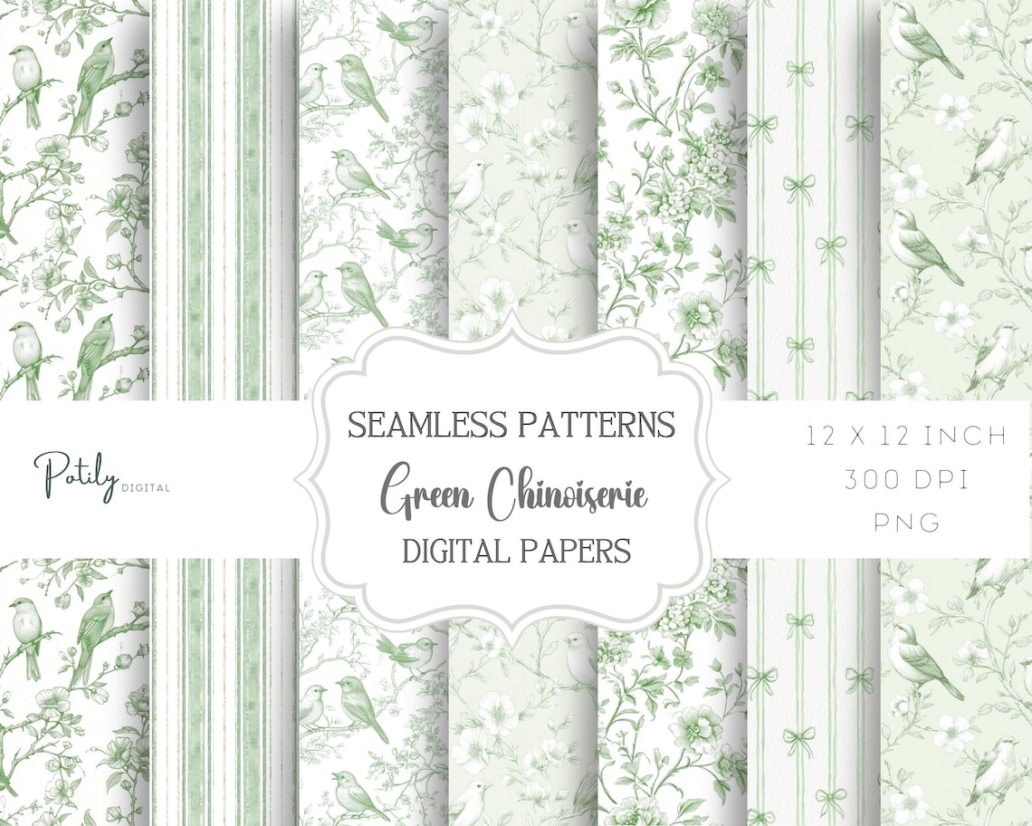 Green Toile De Jouy Chinoiserie Backgrounds, Digital Scrapbook Paper ...