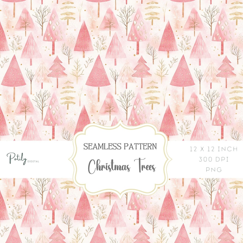 Pink Christmas Seamless Pattern, Pink and Gold Christmas Tree Digital ...