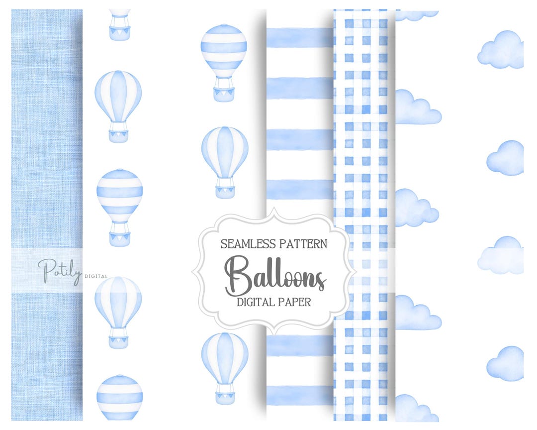 Blue Hot Air Balloon Digital Paper Bundle, Nursery Seamless Patterns ...