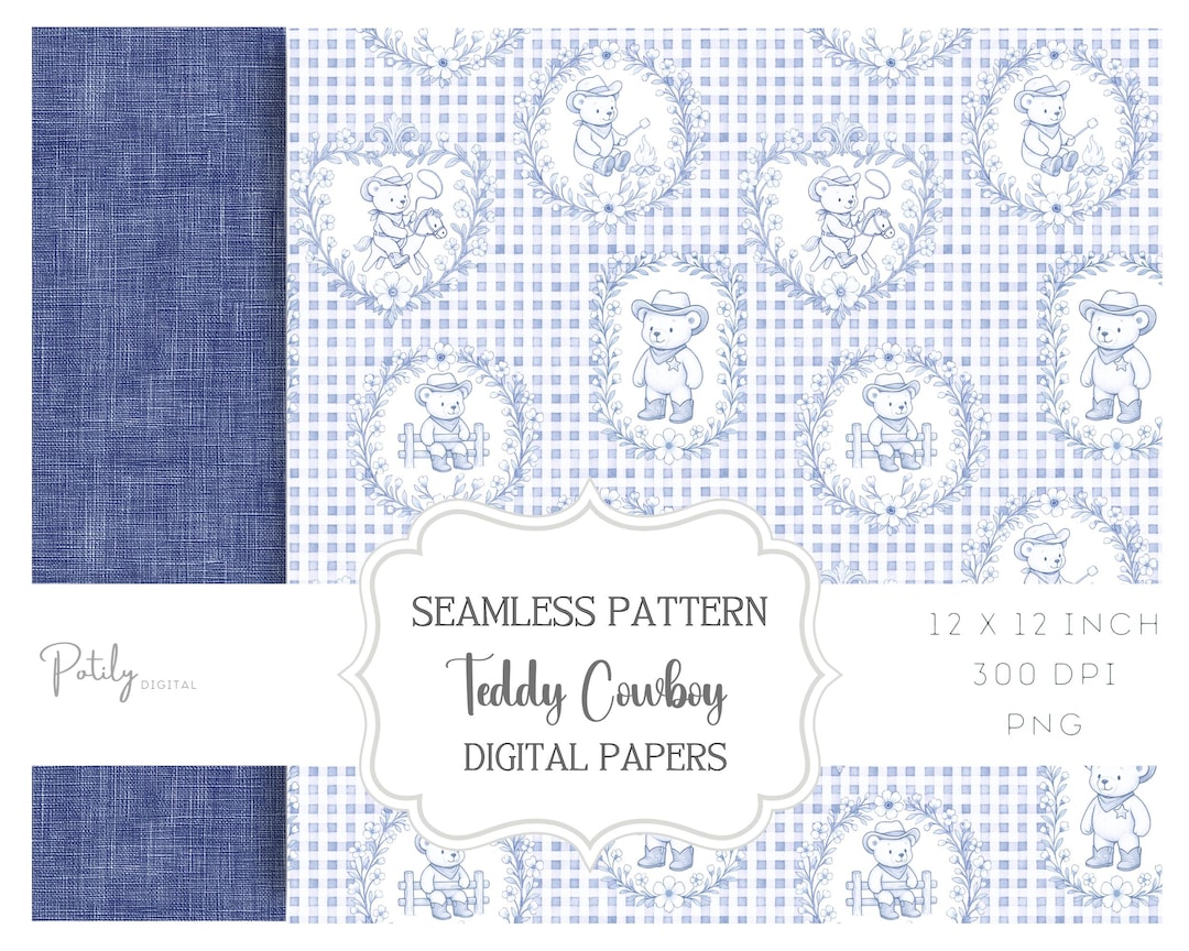 Toile Nursery Seamless Pattern – Blue Gingham Teddy Cowboy Digital ...