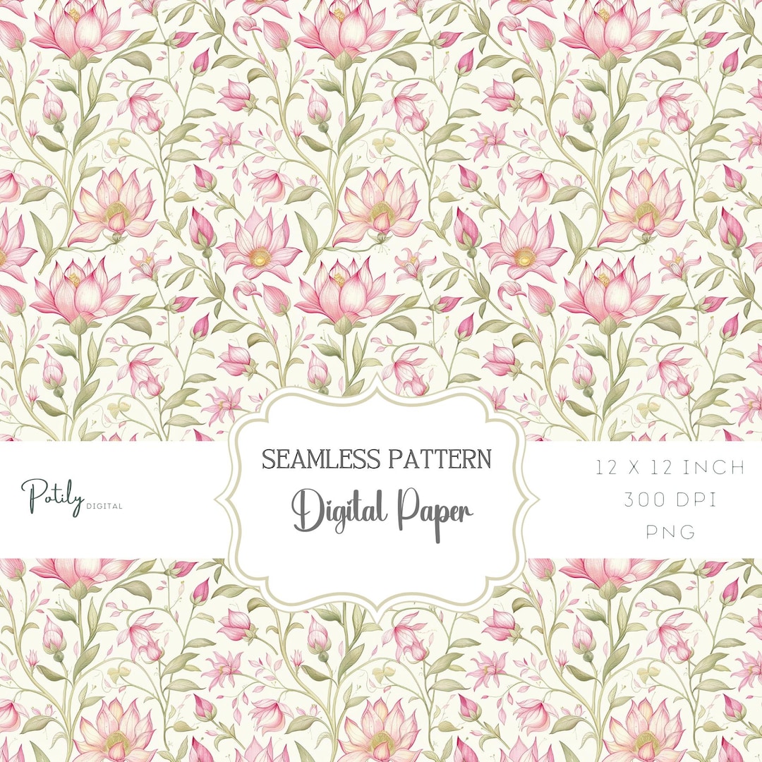 Sage and Pink Floral Seamless Pattern, Repeating Background, Instant ...