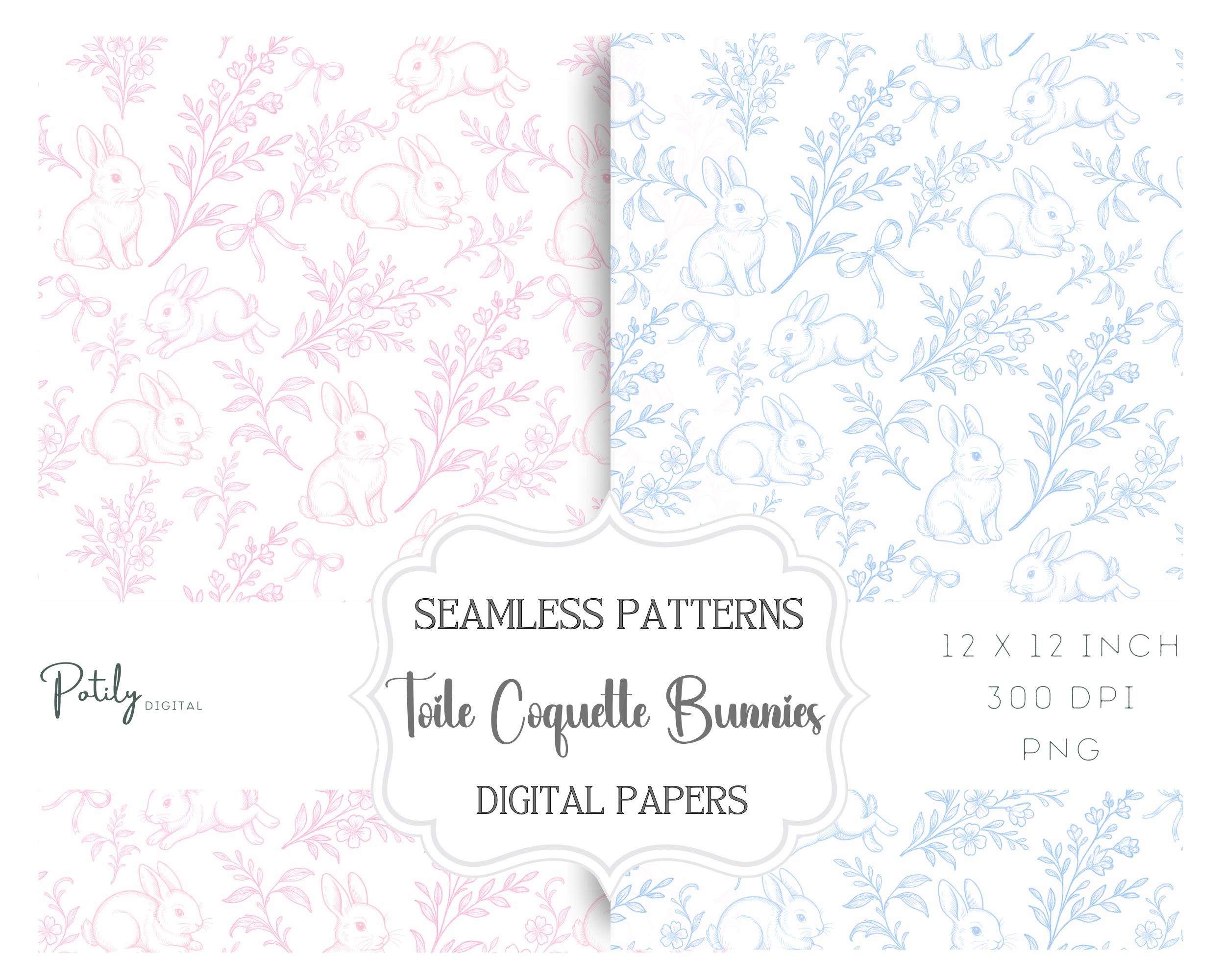 Rabbit Toile Seamless Pattern Pack, Easter Bunny Coquette Bow ...