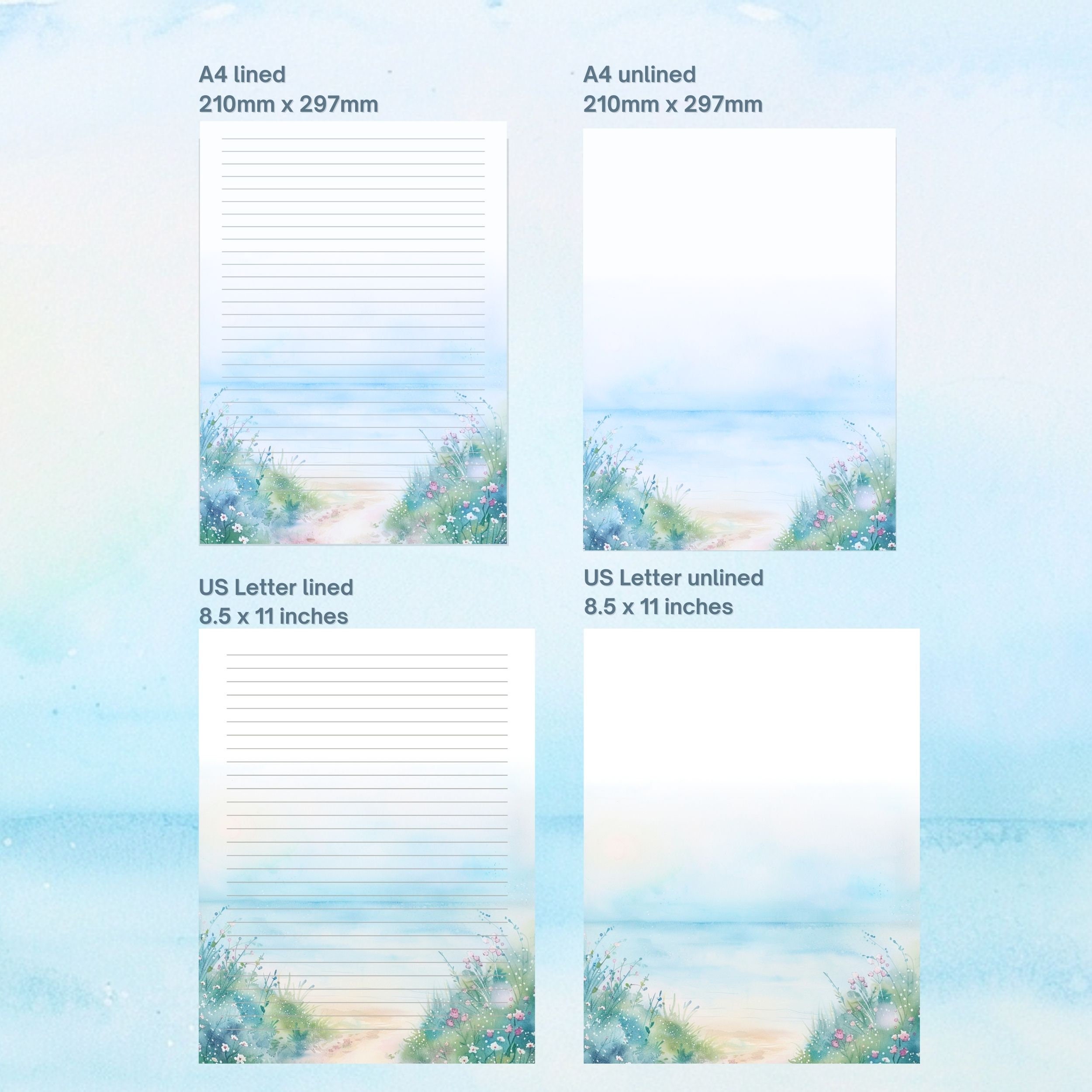Printable Letter Paper, Beach and Wildflowers, Printable Stationery ...