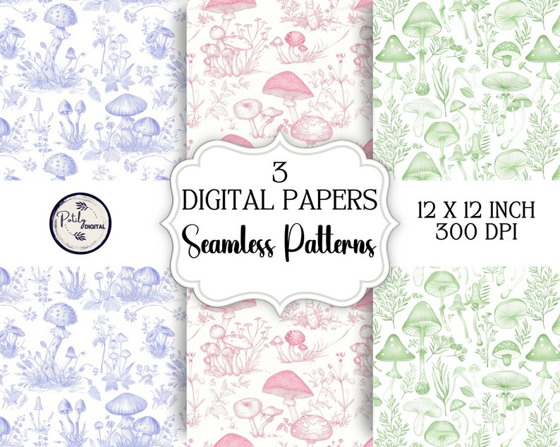 Toile De Jouy Chinoiserie Digital Paper Mushrooms and Toadstools ...