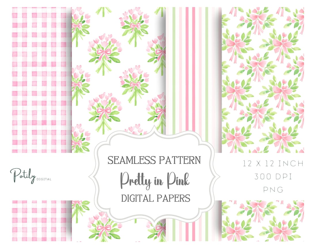 Grandmillennial Spring Seamless Patterns - Pink Gingham Digital Papers ...