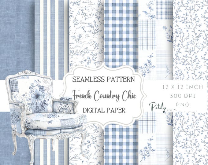 French Country Digital Paper Pack, Blue and White Seamless Patterns ...