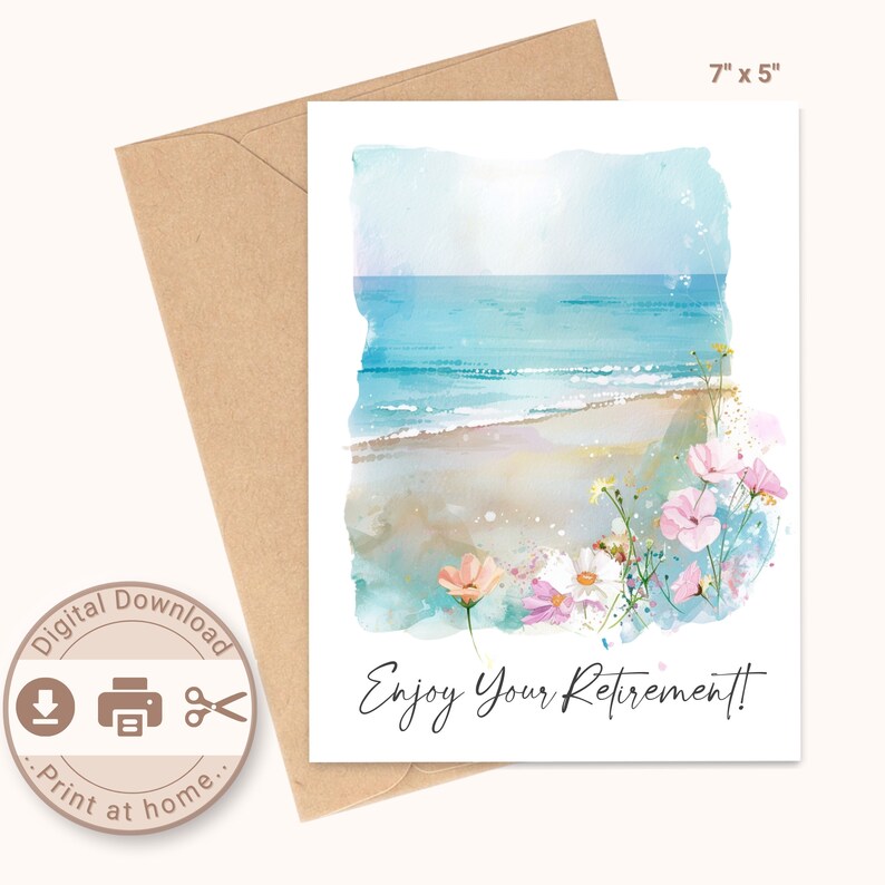 Printable Retirement Card, Printable Watercolour Seascape, Digital ...