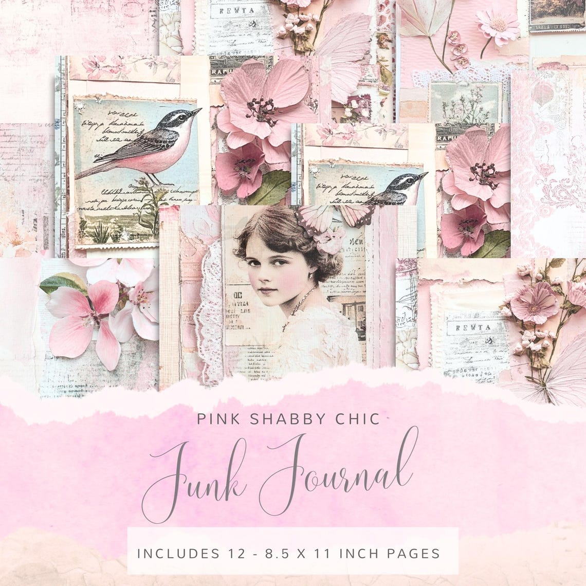 Pink Shabby Chic Junk Journal Kit, Victoriana Digital Papers and ...