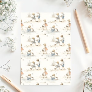 Toile-inspired Seamless Pattern – Summer Beach Scene With Children in ...