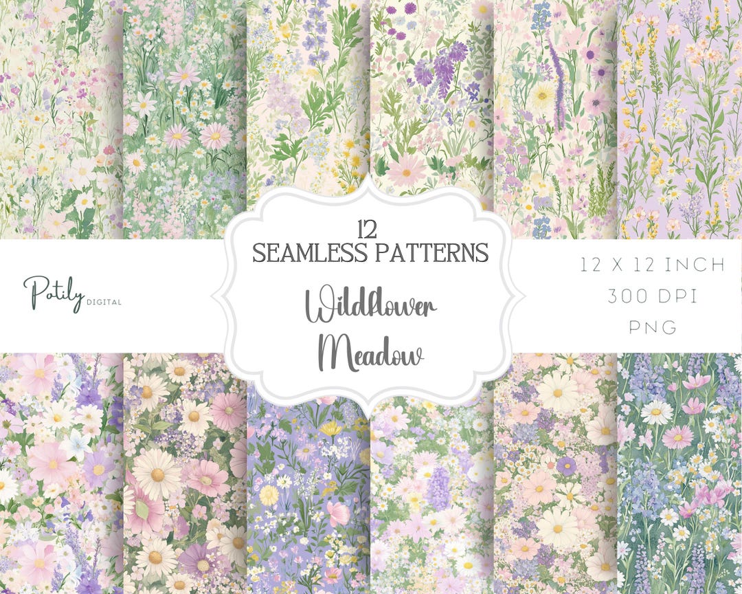 Pink and Purple Floral Seamless Pattern Pack, Spring Wildflower Designs ...