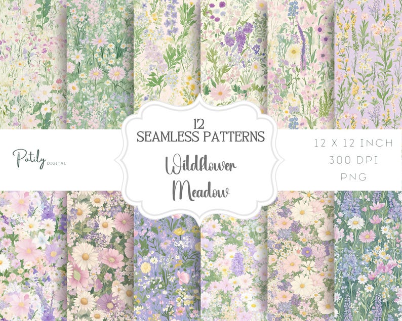 Pink and Purple Floral Seamless Pattern Pack, Spring Wildflower Designs ...