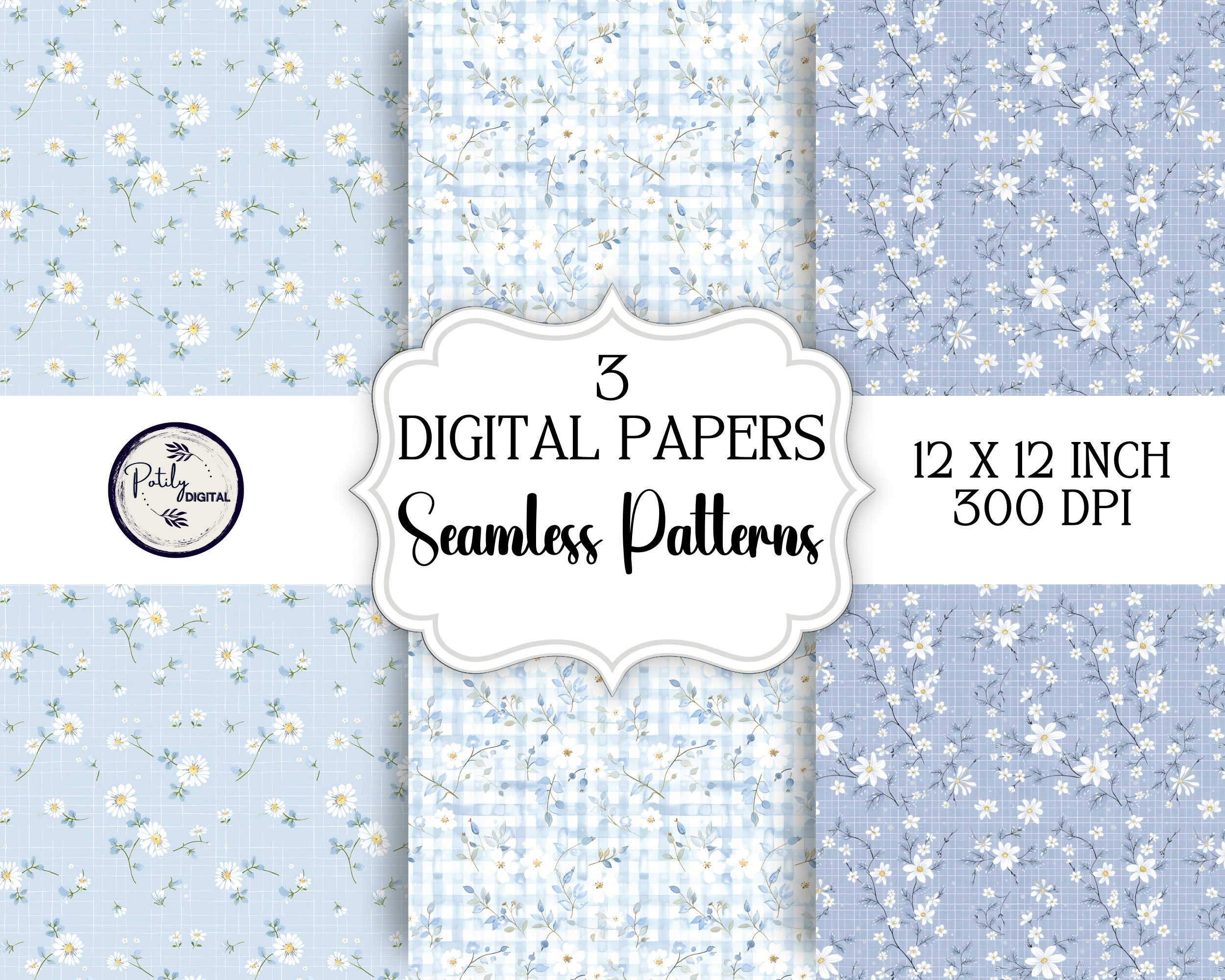 Seamless Gingham and Daisy Pattern, Digital Download, Clipart for ...