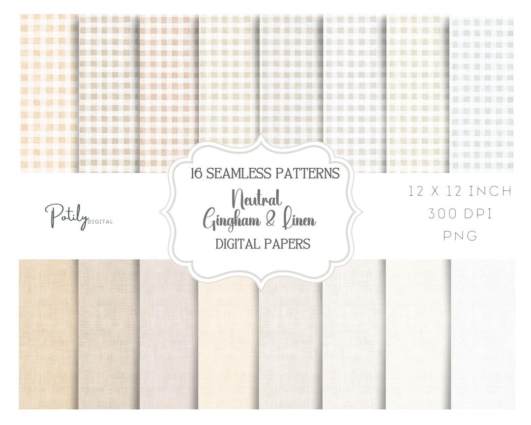 Neutral Gingham Seamless Patterns, Linen Texture Digital Paper Pack ...