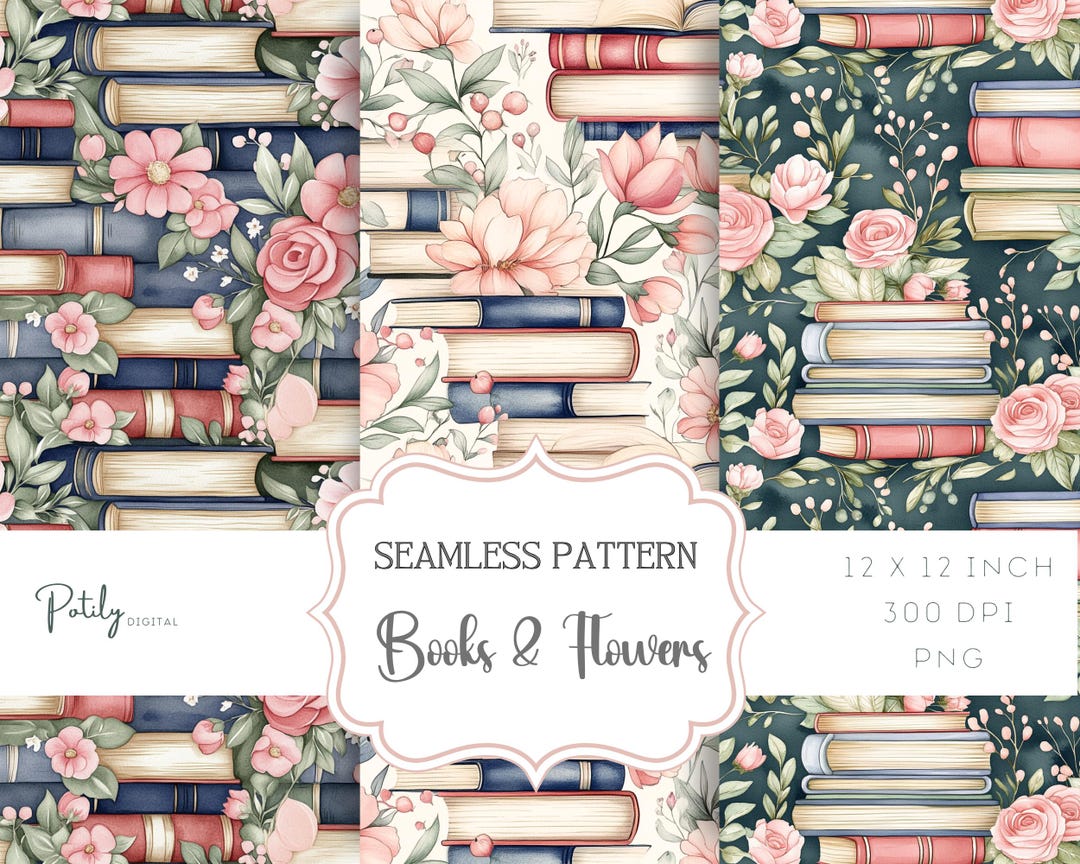 Bookish Seamless Pattern, Repeating Background, Digital Download ...