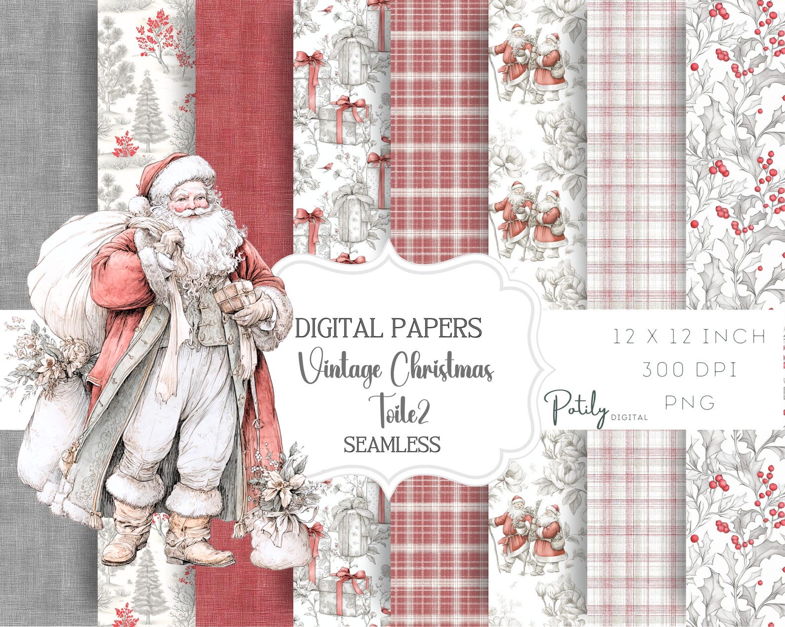 Christmas Toile Seamless Patterns – Vintage Holiday Digital Papers for ...