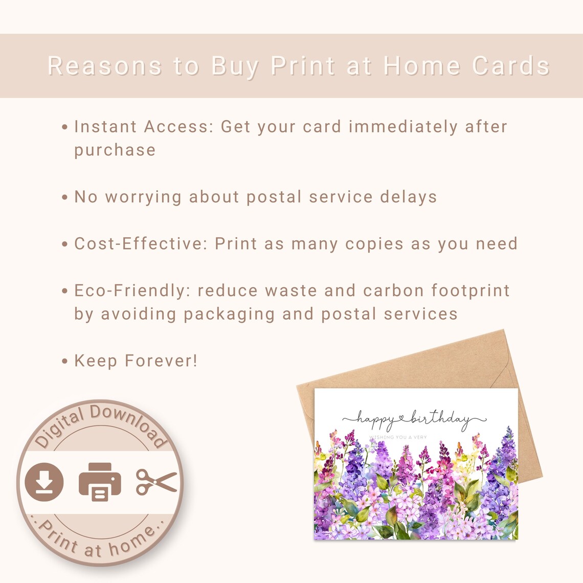Printable Happy Birthday Card, Watercolour Purple Lilacs, Digital ...