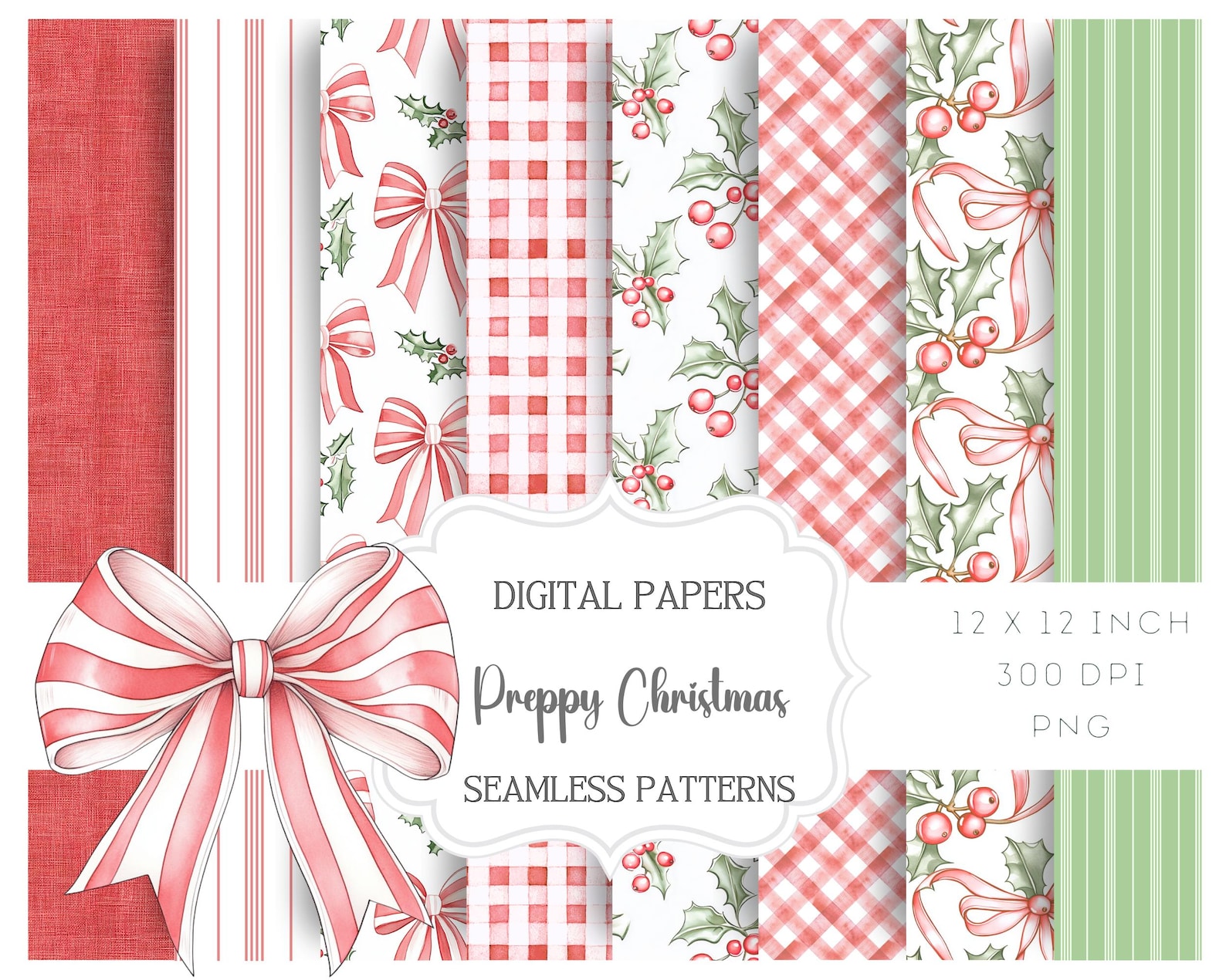 Preppy Christmas Seamless Pattern, Classic Christmas Digital Paper Set ...