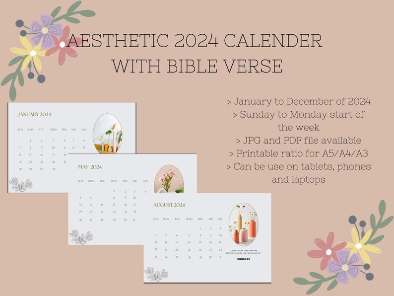 Printable Calendar 2024 - Digital PDF - Sunday to Monday Start - Ratio ...