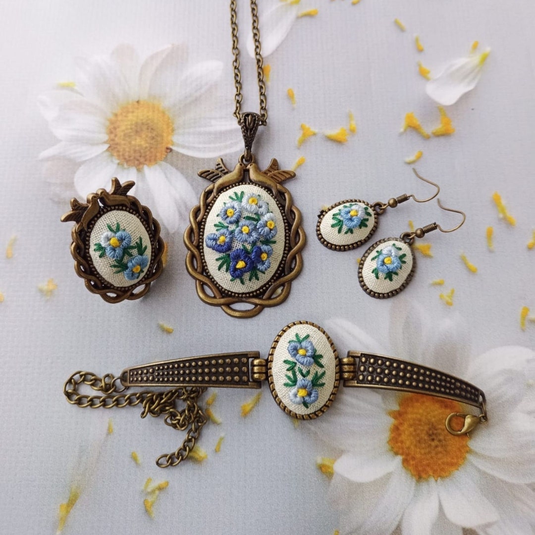 Embroidered 4 Pcs Jewelry Set, Embroidered Necklace, Floral Embroidery ...