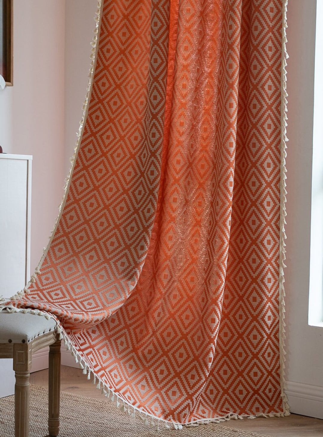 Cortina de algodón naranja estilo boho con borlas para dormitorio ...