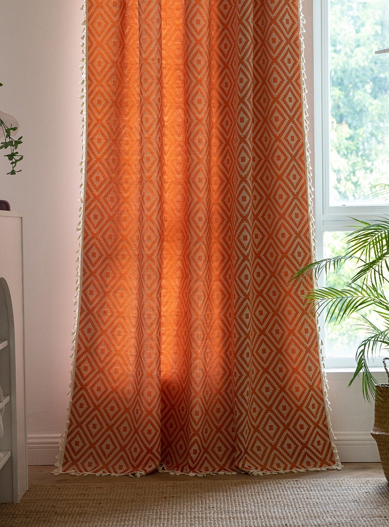 Cortina de algodón naranja estilo boho con borlas para dormitorio ...