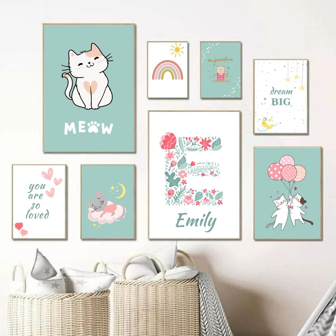 Personalized Cat Nursery Wall Art Print Set, Custom Name Kids Room ...