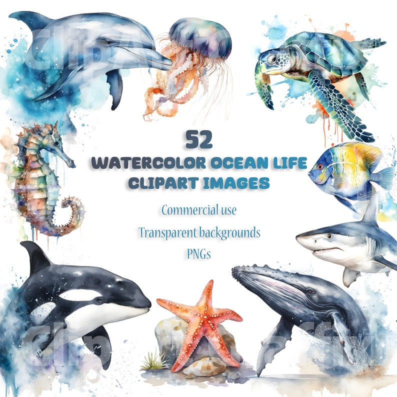 Watercolor Sea Creatures Clipart Bundle Watercolor Ocean Clip Art Sea ...