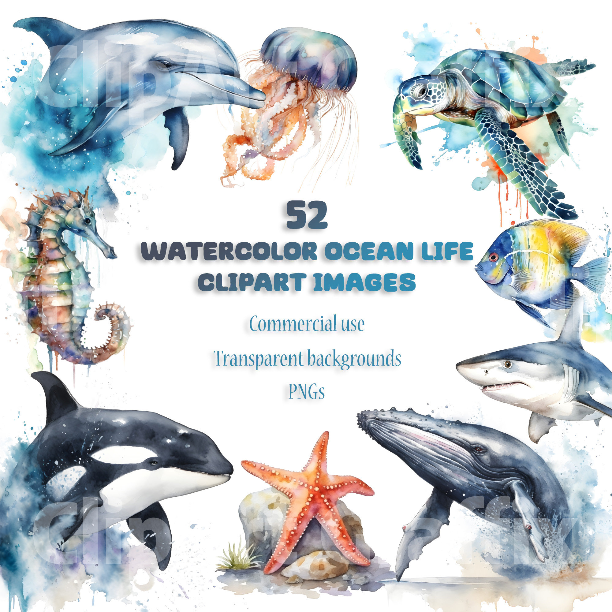 Watercolor Sea Creatures Clipart Bundle Watercolor Ocean Clip Art Sea ...