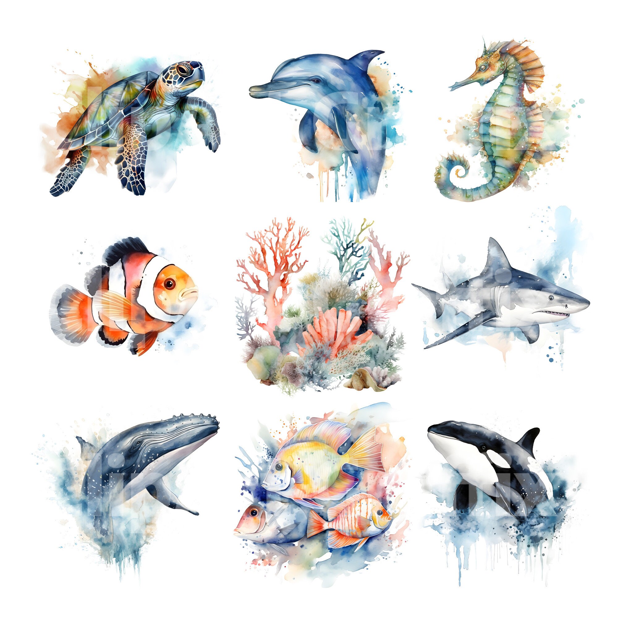 Watercolor Sea Creatures Clipart Bundle Watercolor Ocean Clip Art Sea ...