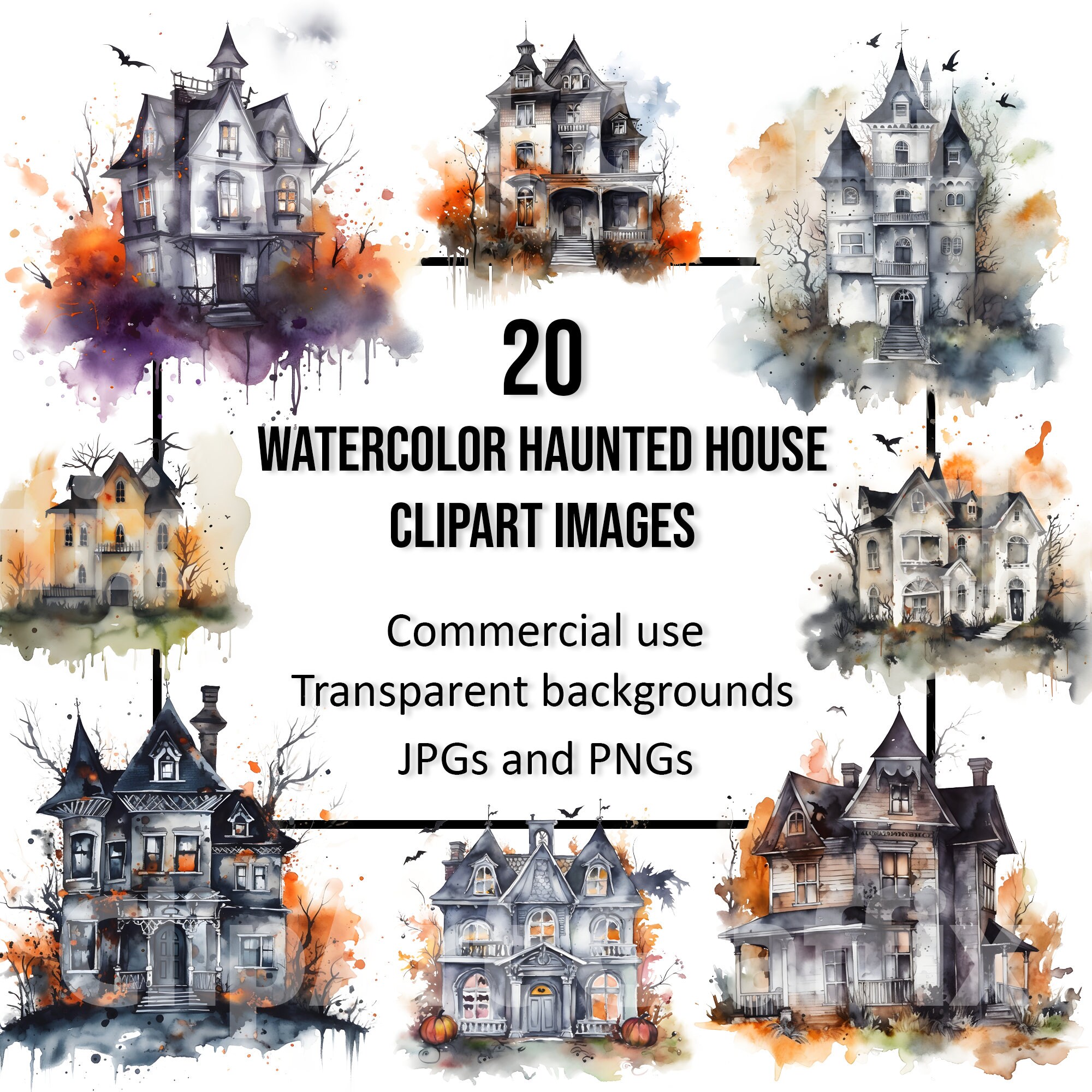 Watercolor Haunted House Clipart Bundle Halloween Clip Art - Etsy