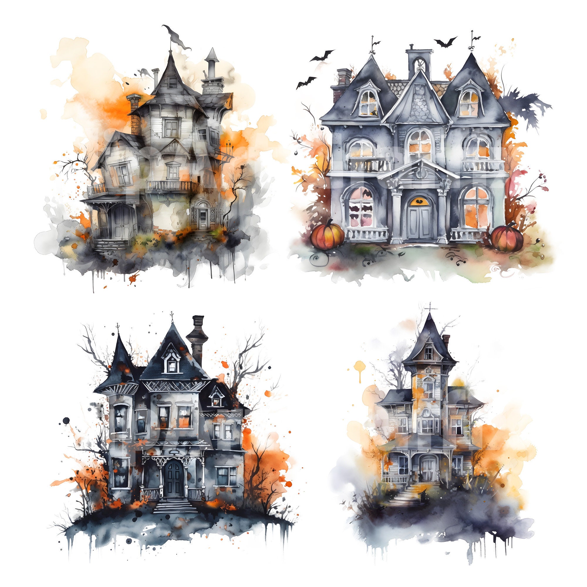 Watercolor Haunted House Clipart Bundle Halloween Clip Art - Etsy