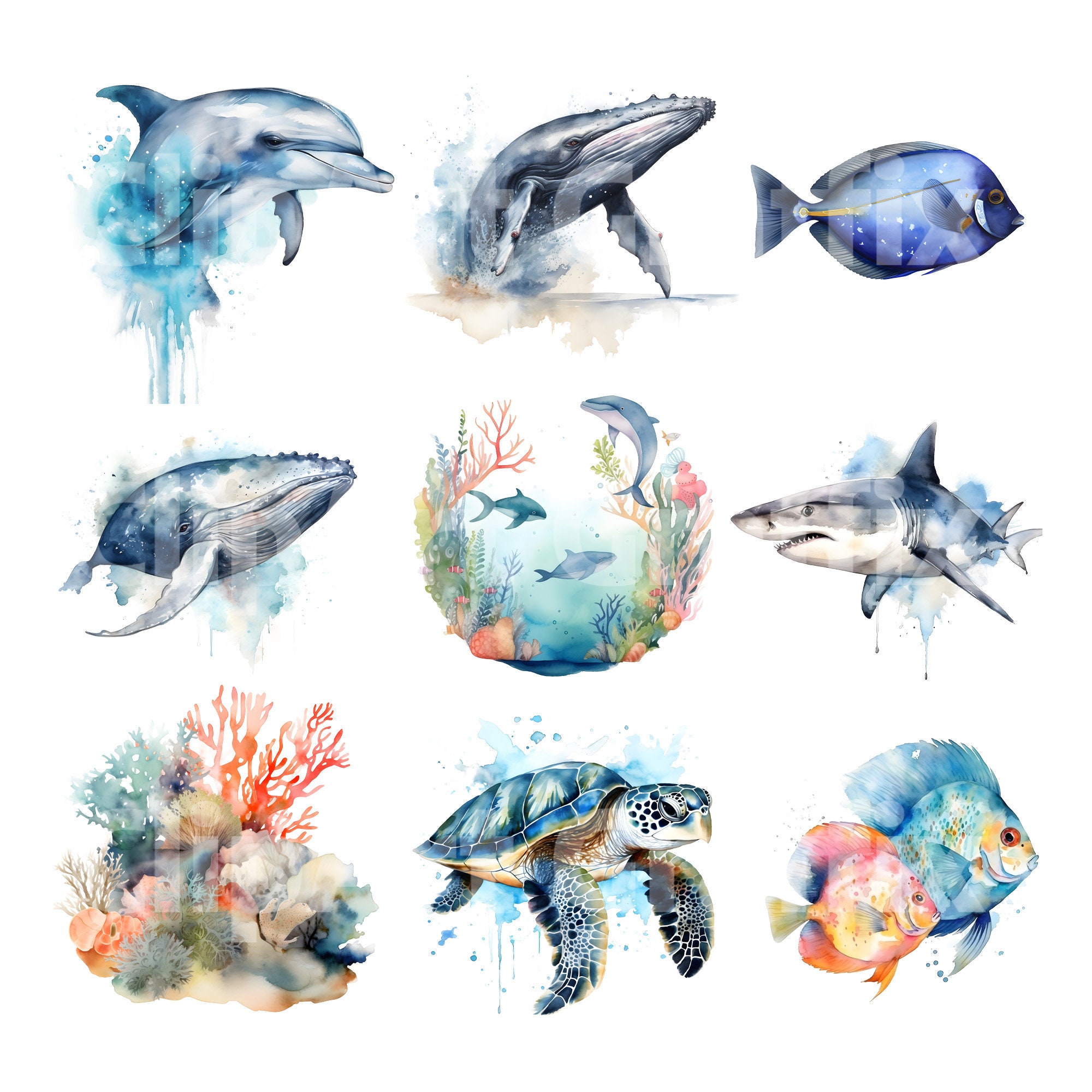 Watercolor Sea Creatures Clipart Bundle Watercolor Ocean Clip Art Sea ...