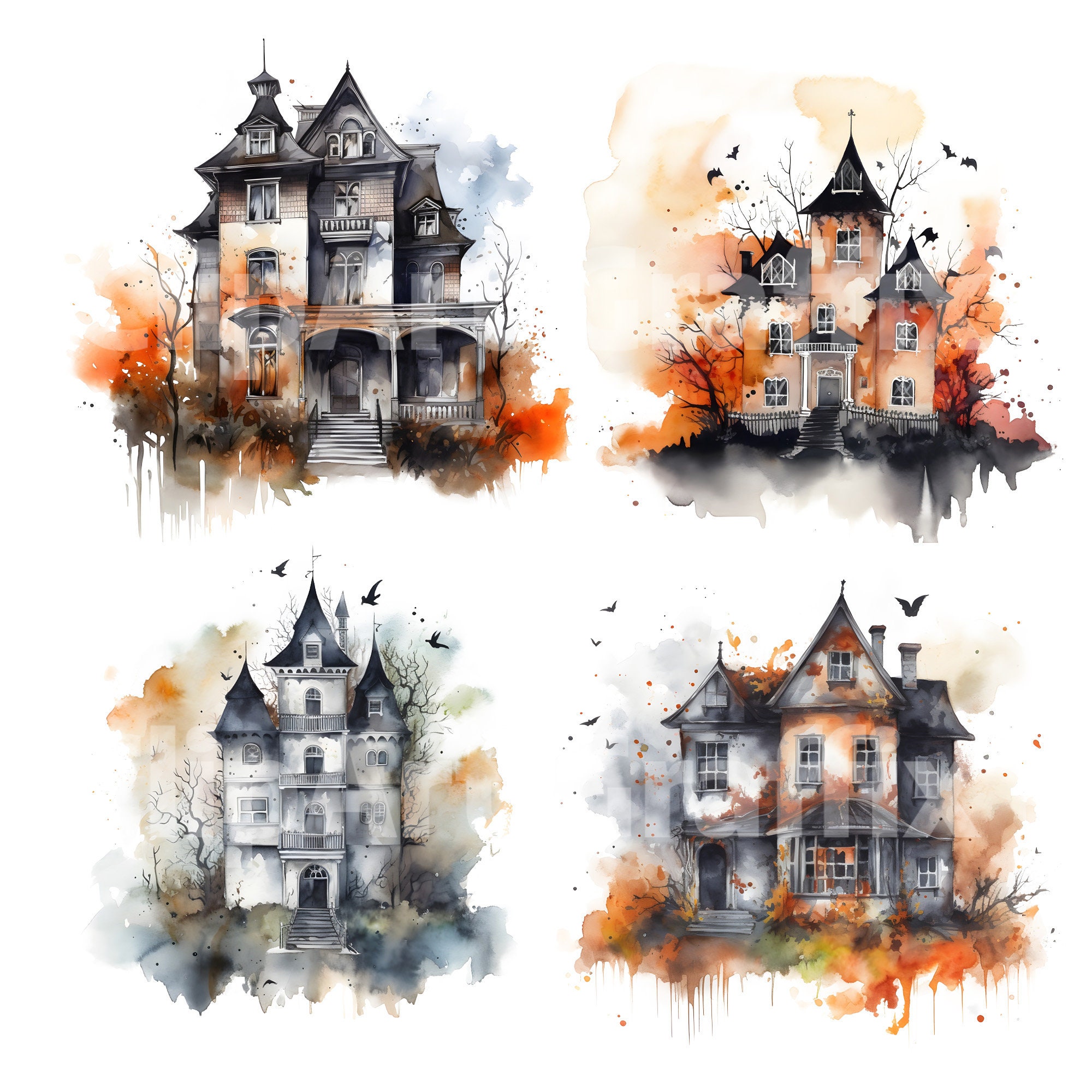 Watercolor Haunted House Clipart Bundle Halloween Clip Art - Etsy