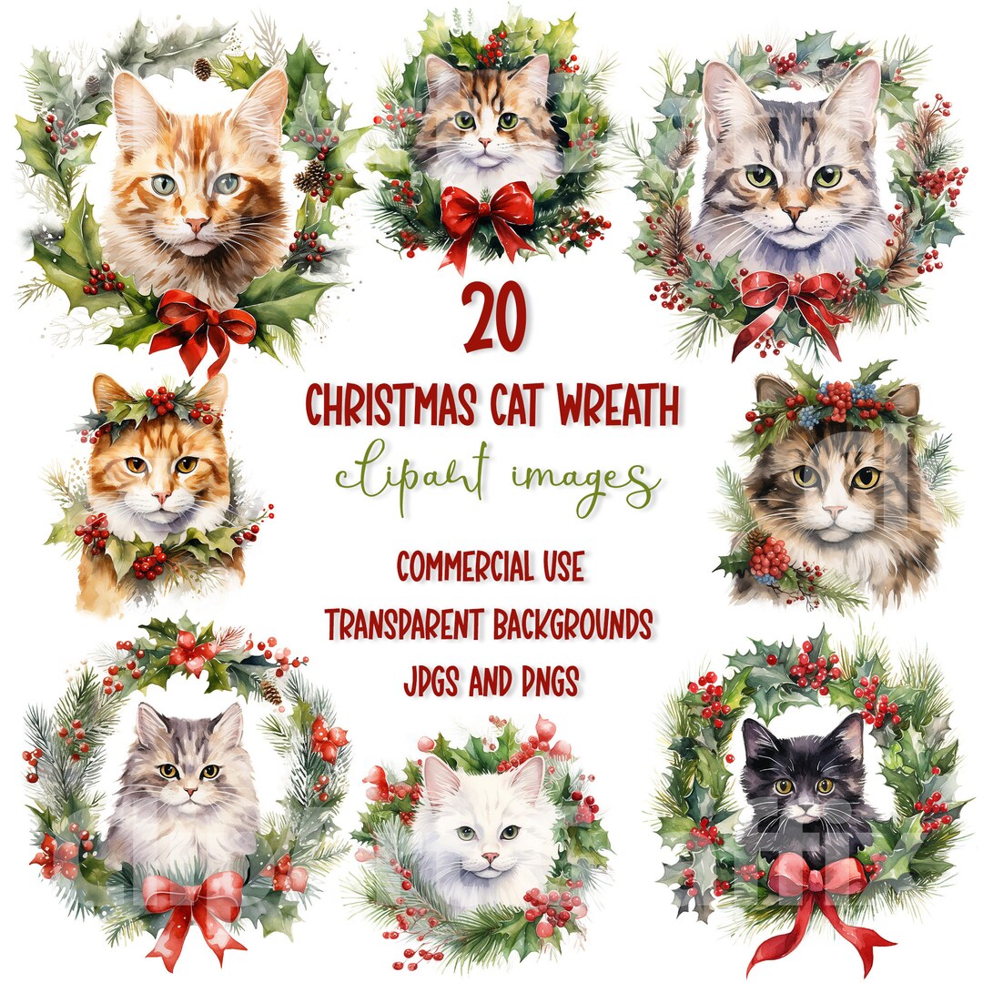 Christmas Cat Wreath Clipart Bundle Christmas Cats Christmas Clipart ...