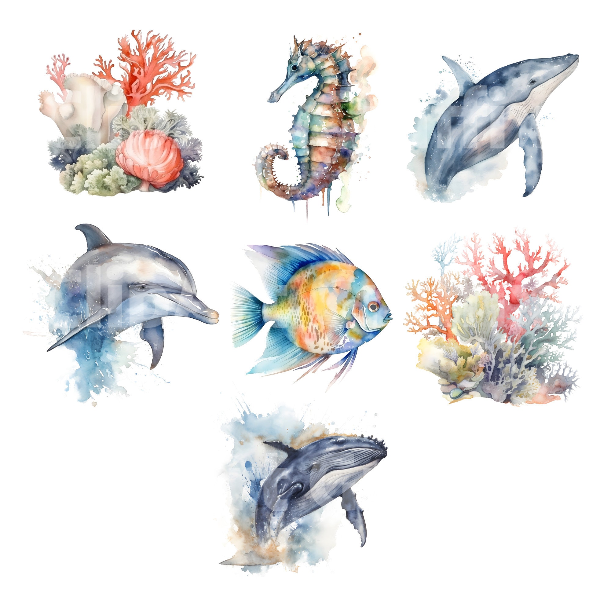 Watercolor Sea Creatures Clipart Bundle Watercolor Ocean Clip Art Sea ...
