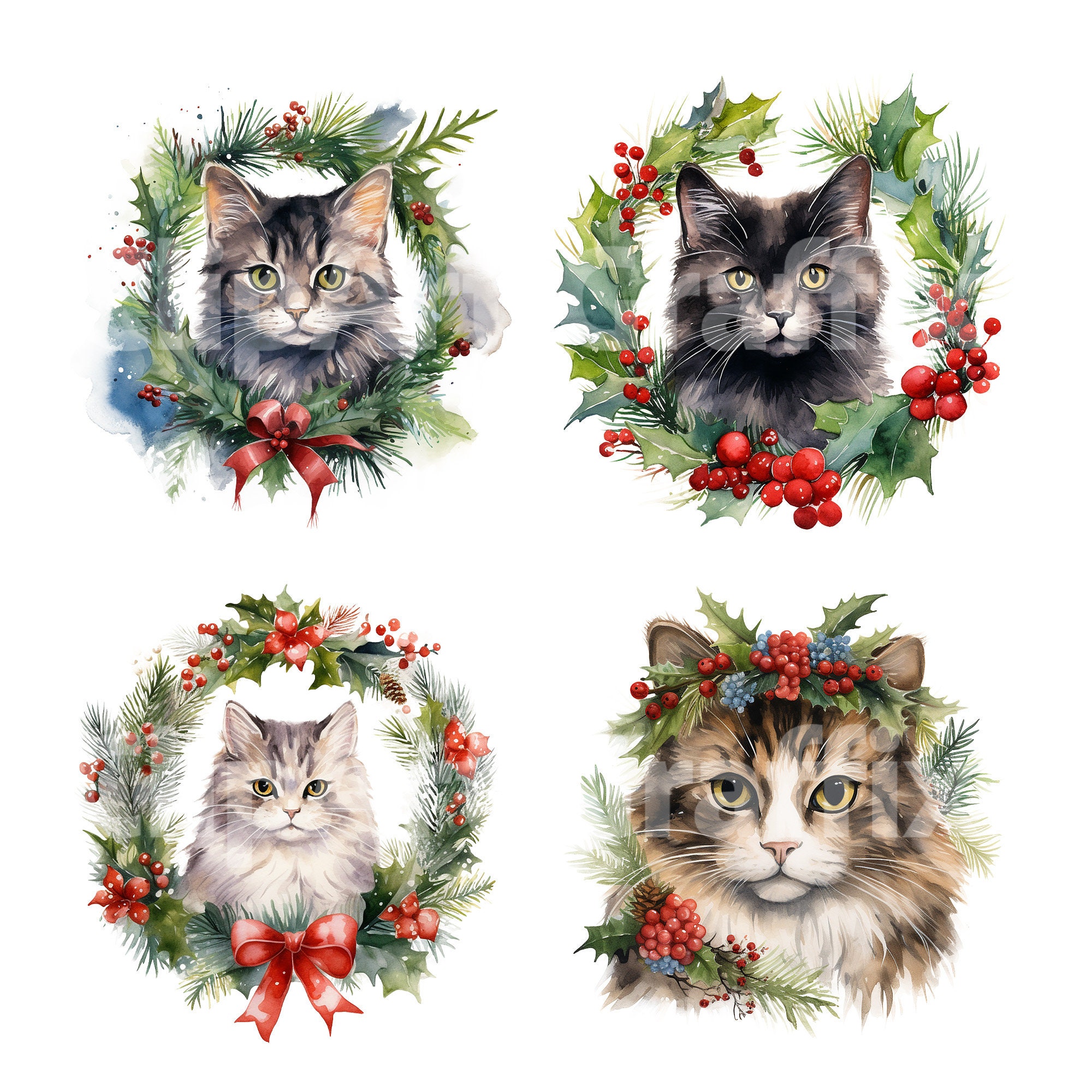 Christmas Cat Wreath Clipart Bundle Christmas Cats Christmas Clipart ...