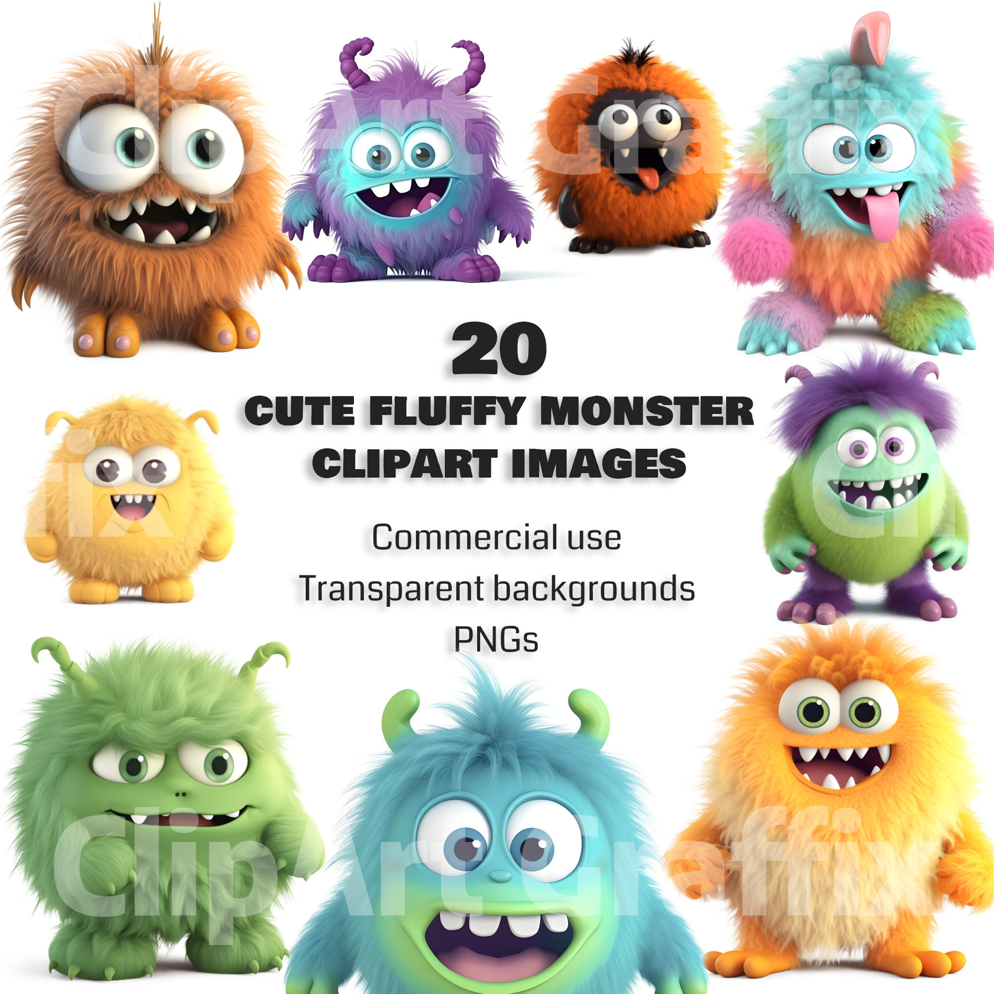 Cute Fluffy Monsters Clipart Bundle Cute Clipart Friendly Monster Clip ...