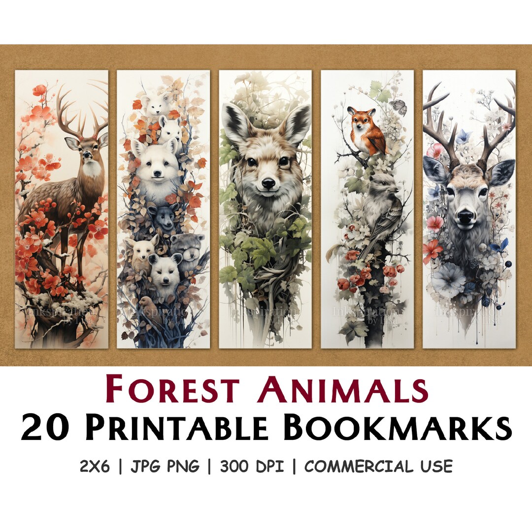 20 Forest Animals Bookmark Designs Printable Set Digital Watercolor ...