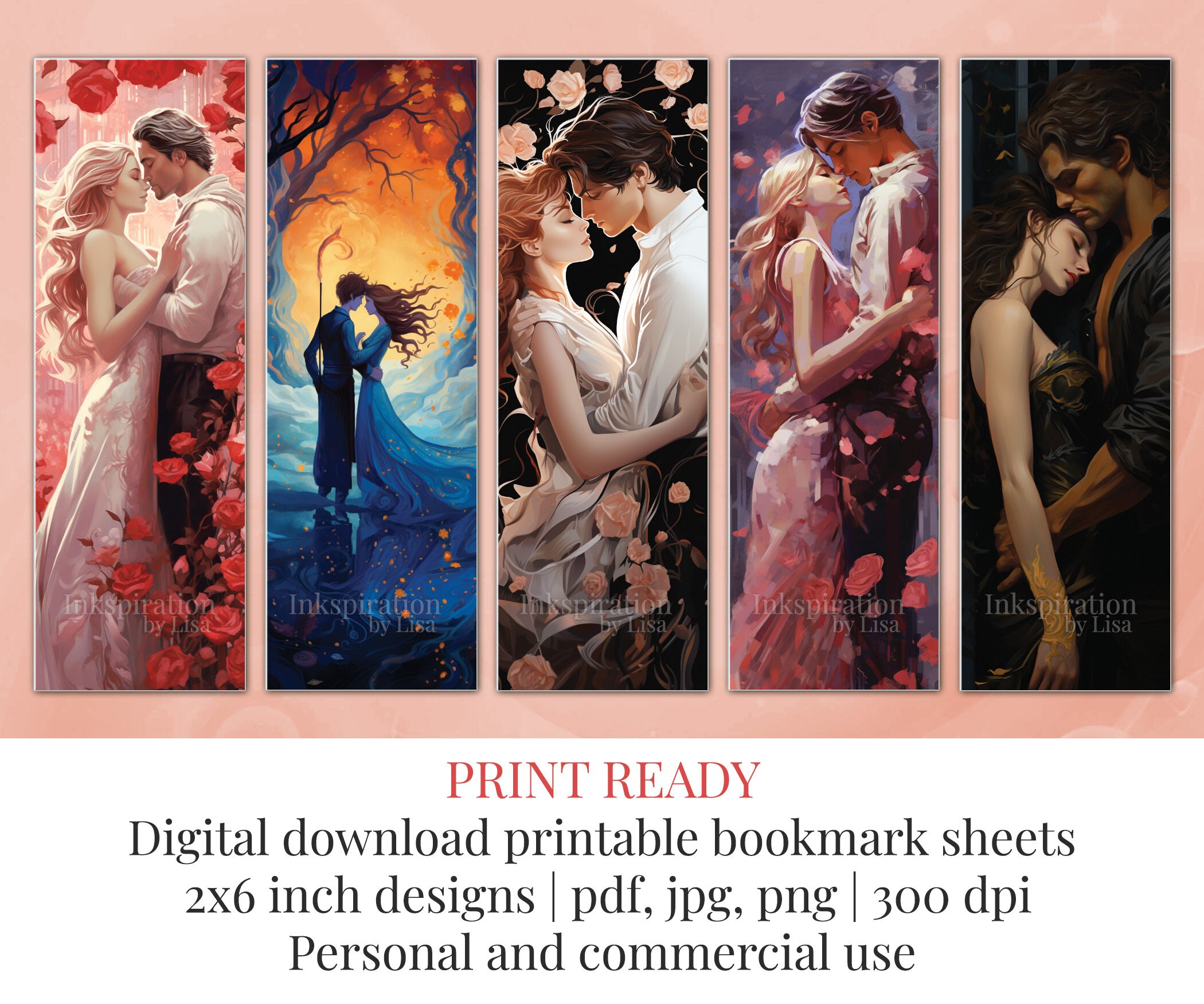 20 Fantasy Romance Printable Bookmarks Set Digital Download, Sublimate ...