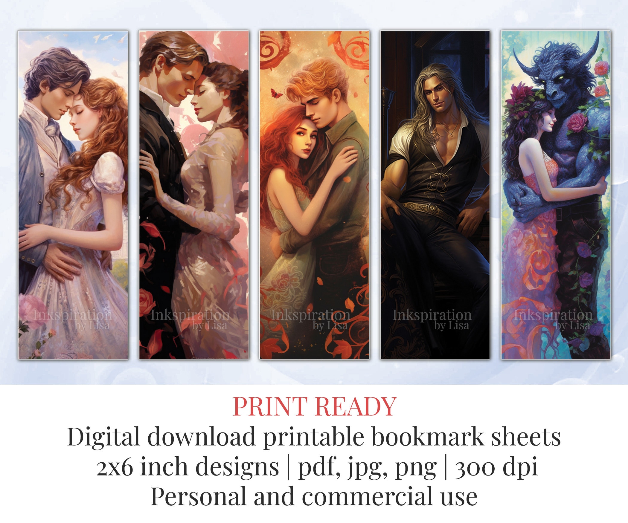 20 Fantasy Romance Printable Bookmarks Set Digital Download, Sublimate ...