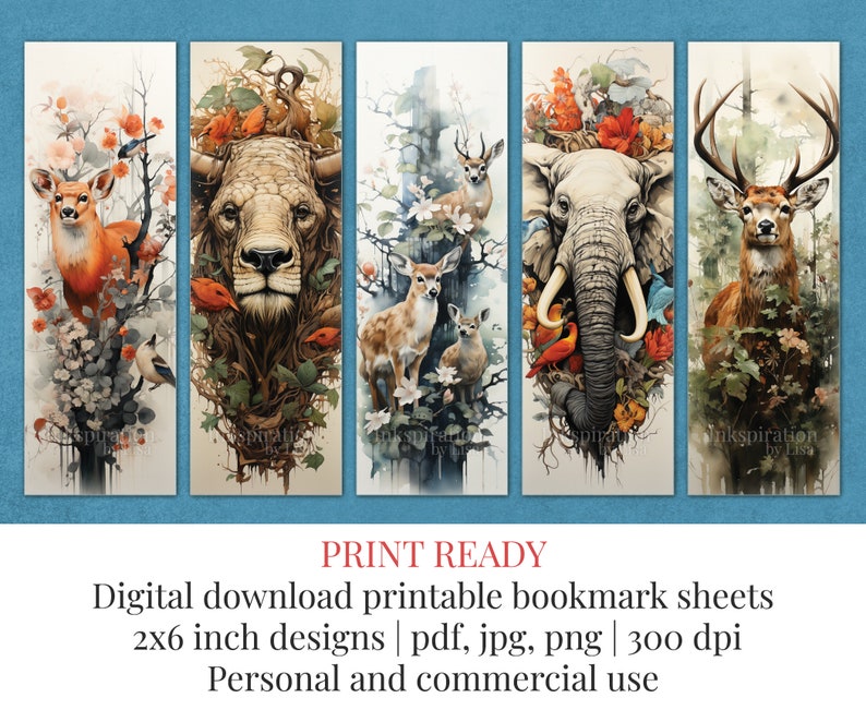 20 Forest Animals Bookmark Designs Printable Set Digital Watercolor ...