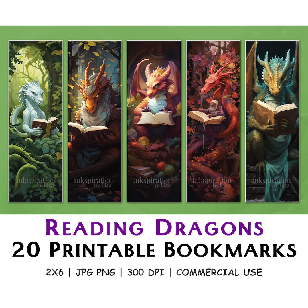 20 Fantasy Reading Dragons Bookish Printable Bookmarks Set Digital ...