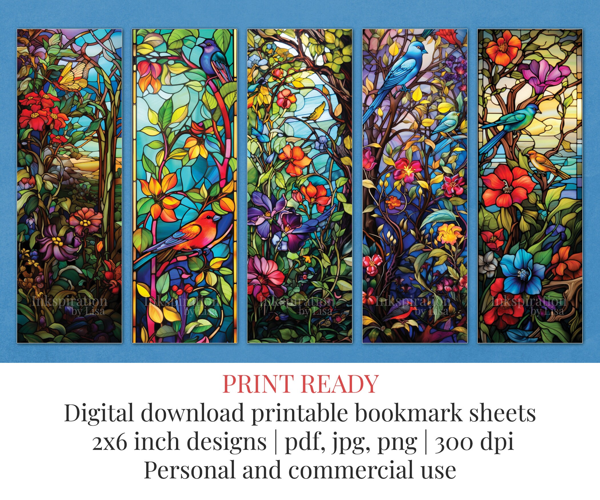 20 Stained Glass Bookmark Designs Printable Set Digital Art Nouveau ...