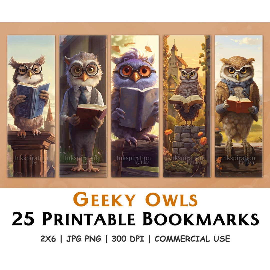 25 Geeky Owls, Reading Owls, Bookmark Designs Printable Bookmarks Set ...