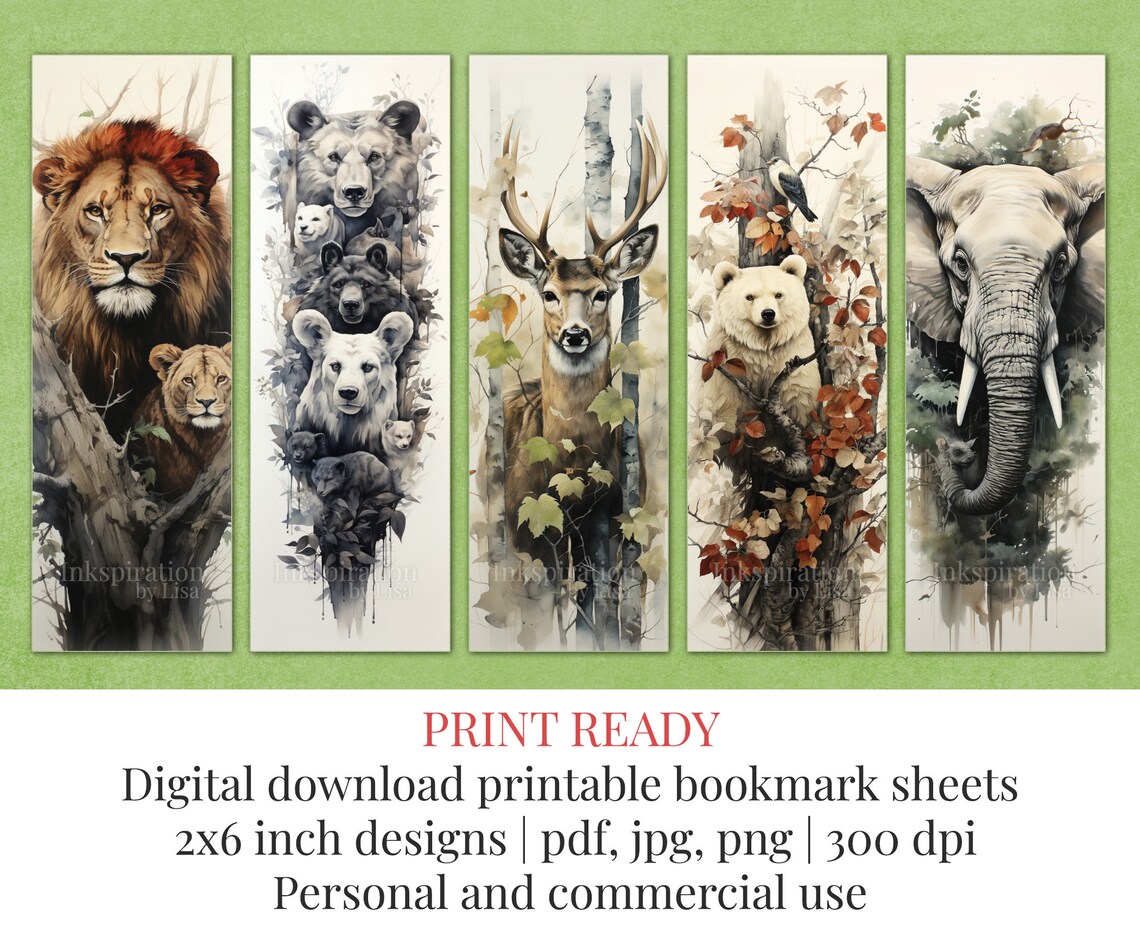 20 Forest Animals Bookmark Designs Printable Set Digital Watercolor ...