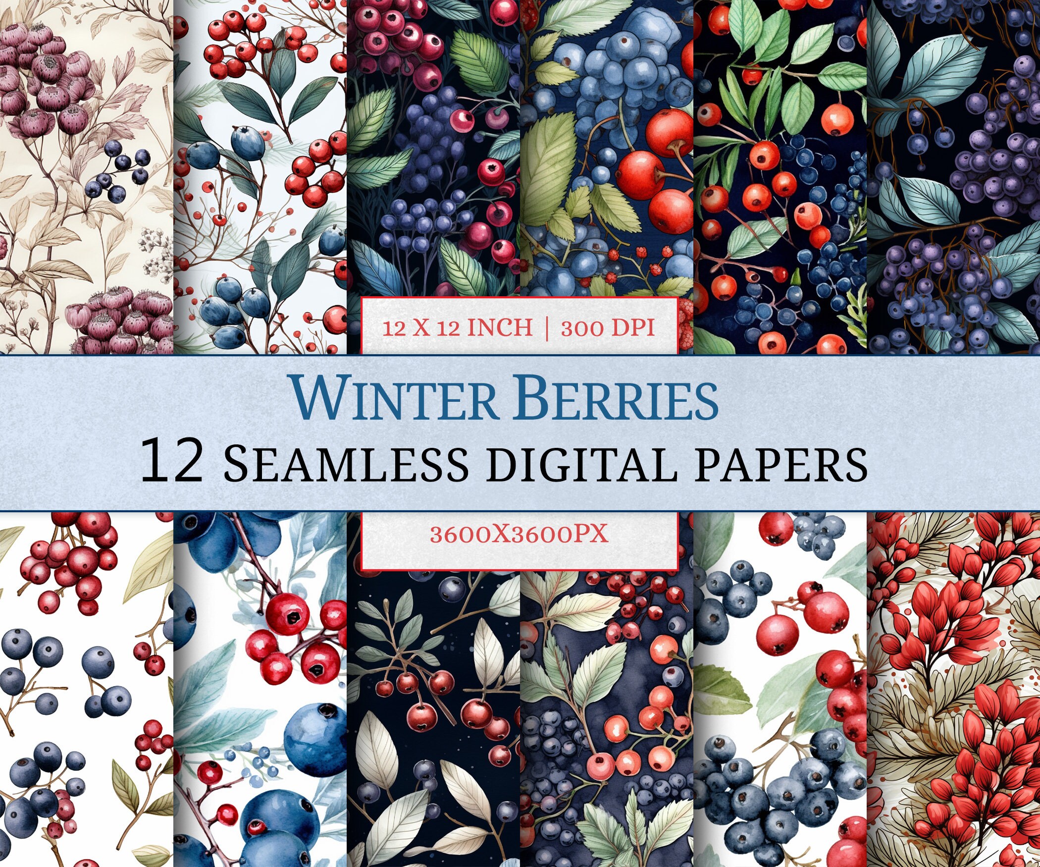 12 Winter Berries Seamless Digital Papers Scrabook Notebook Wallpaper ...