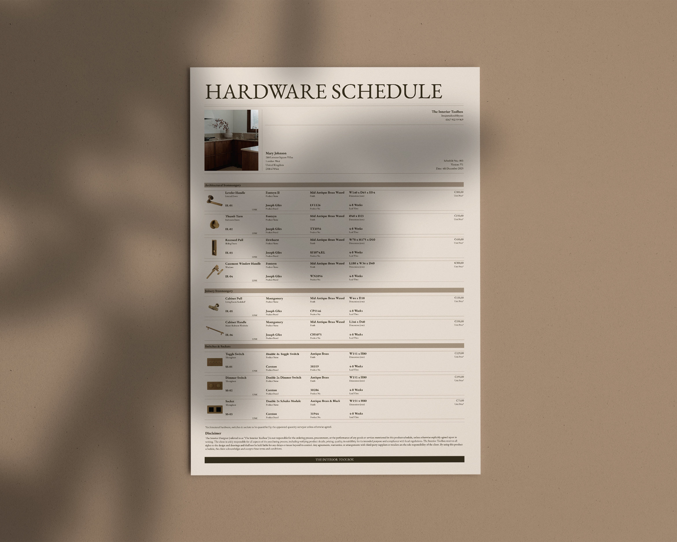 Interior Design Canva, Google Sheets & Excel FFE Schedule: Product ...