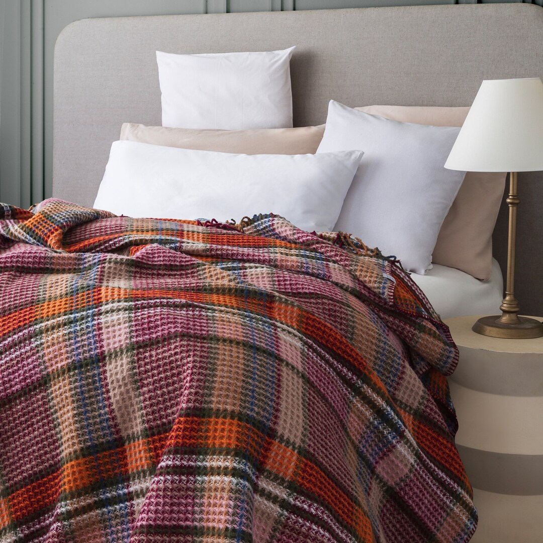 Bed Throws Blankets Waffle Plaid Terracotta and Red & Navy Colors Extra ...